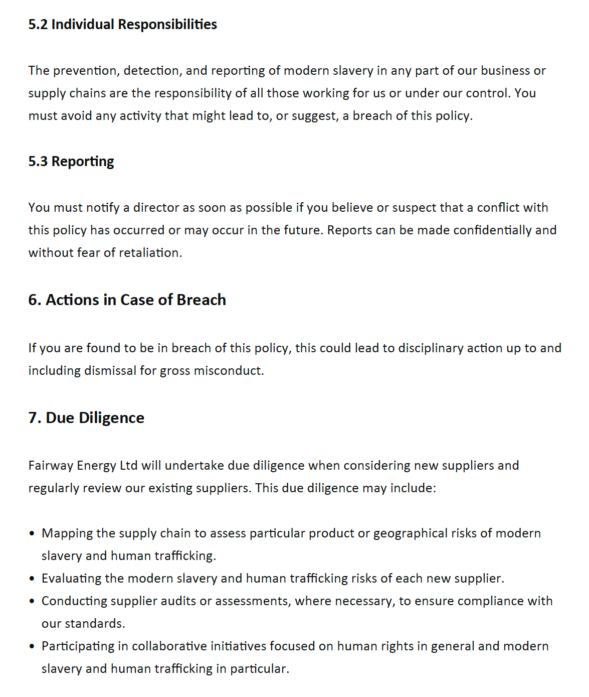 Modern Slavery Policy | Fairway Energy